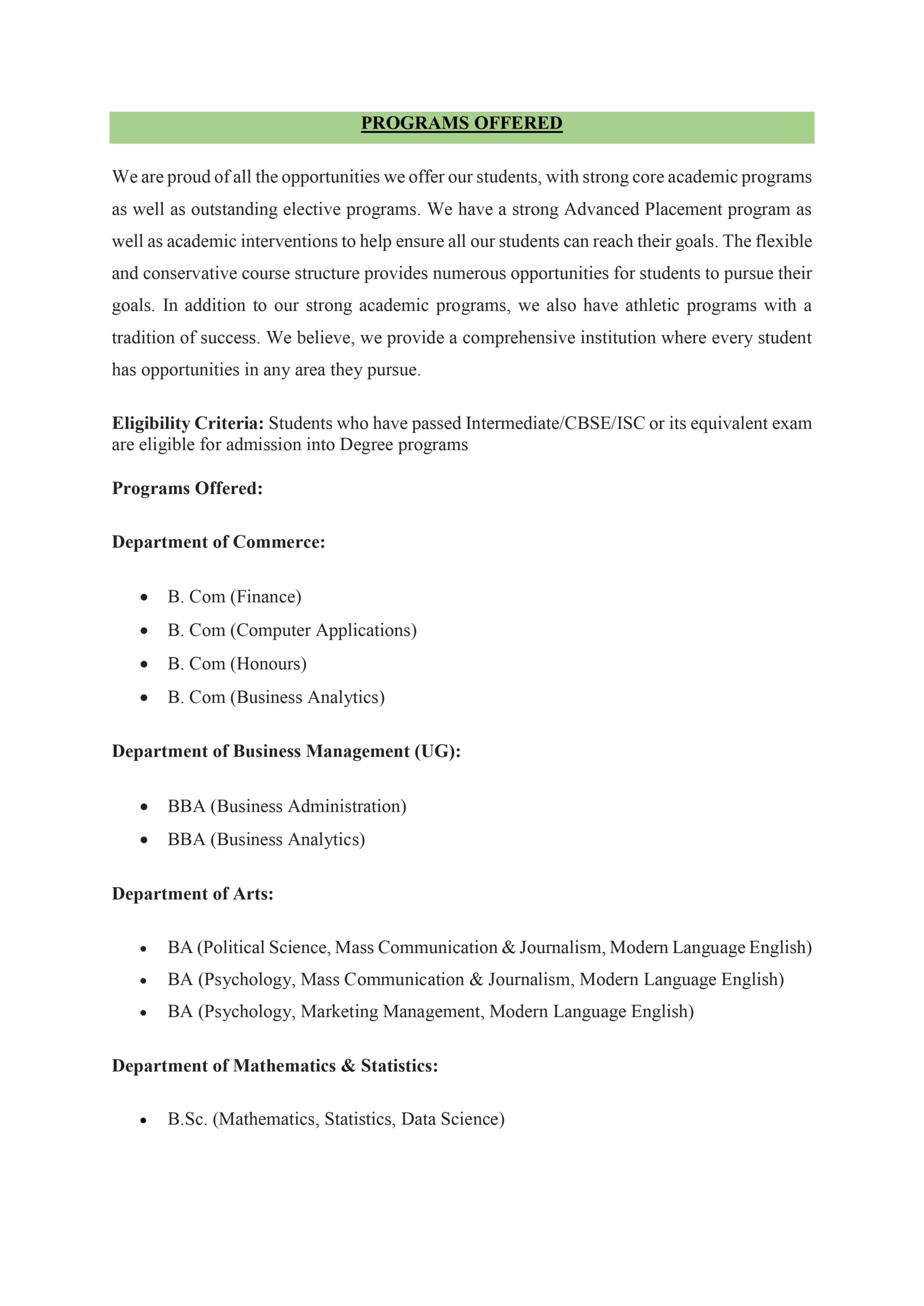 Programs Offered – Villa Marie Degree College for Women